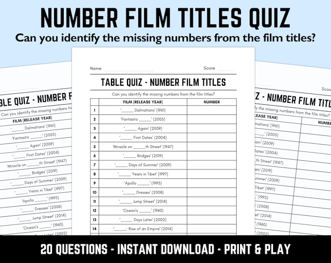 Number Film Titles Table Quiz With Answers: Downloadable Pub Quiz ...