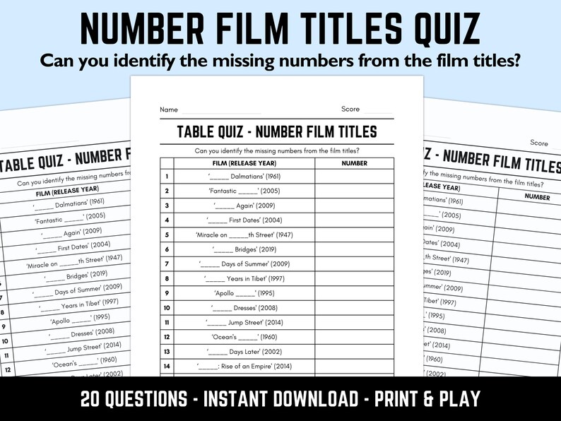 Printable Number Film Titles Table Quiz With Answers | Downloadable Pub ...