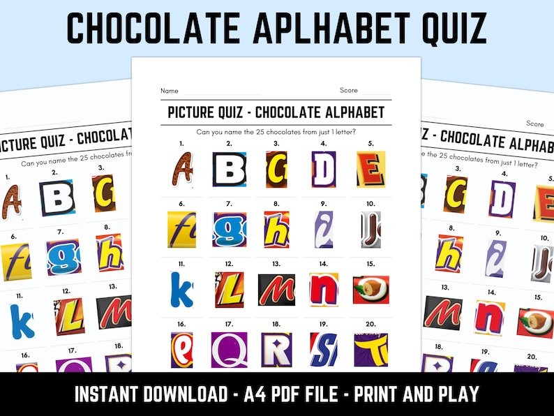 Printable Chocolate Alphabet Picture Quiz With Answers: Picture Round ...
