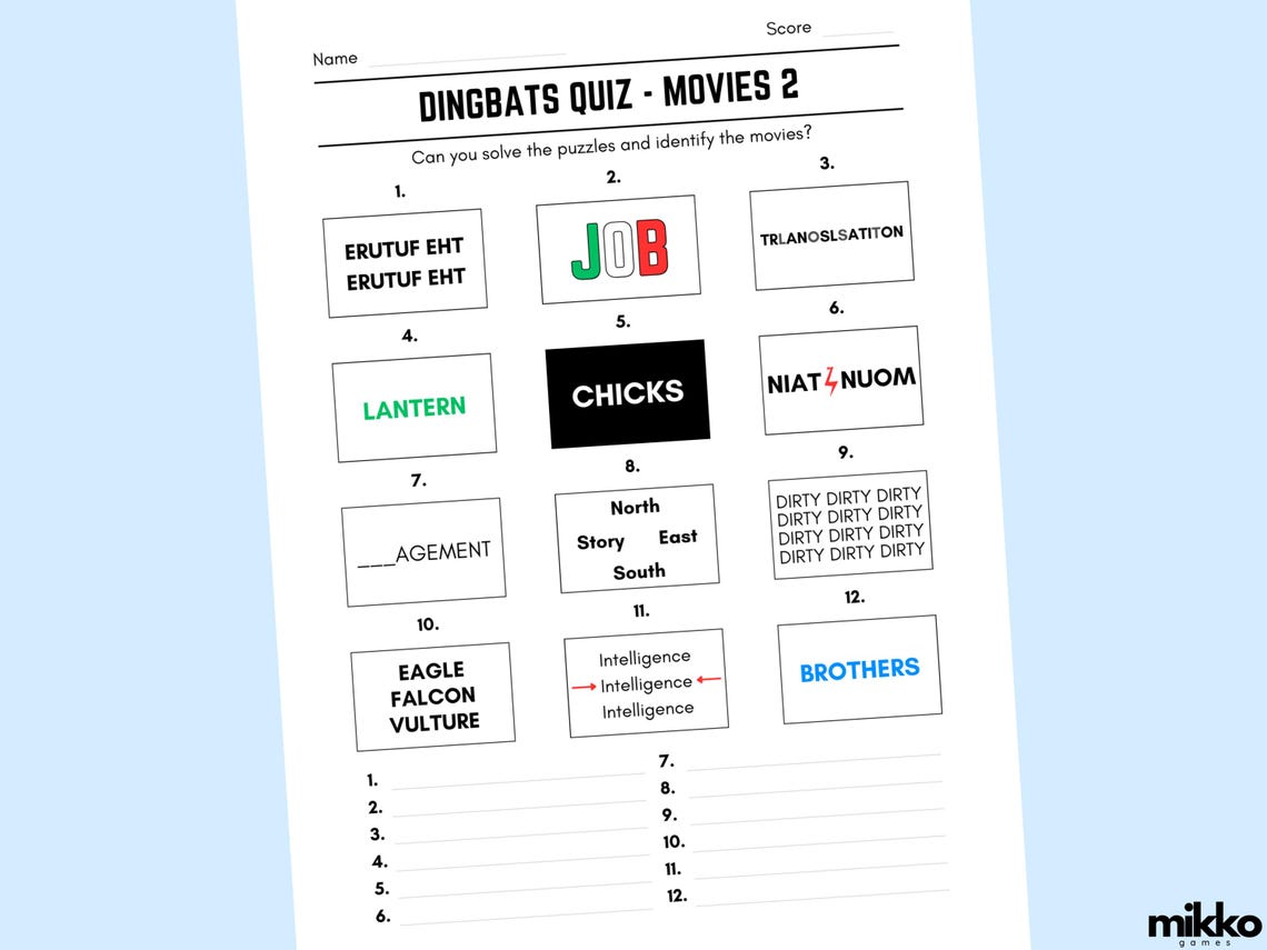 Printable Movies Dingbats Picture Quiz With Answers | Downloadable ...