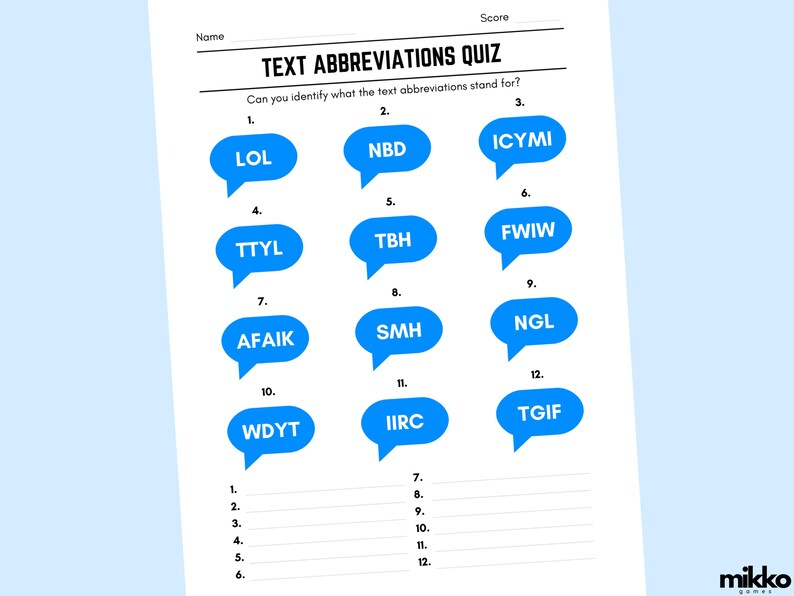 Printable Text Abbreviations Picture Quiz With Answers | Picture Round ...