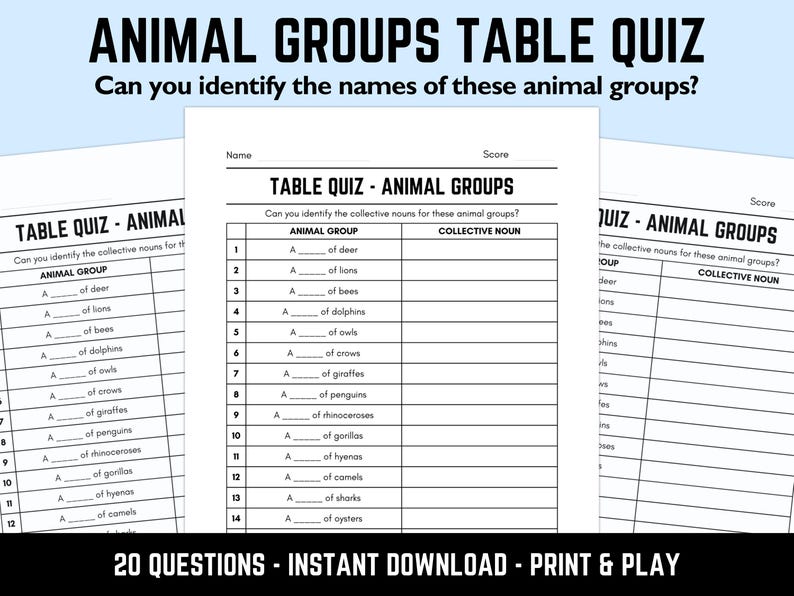 Printable Animal Groups Table Quiz With Answers: Downloadable Pub Quiz ...