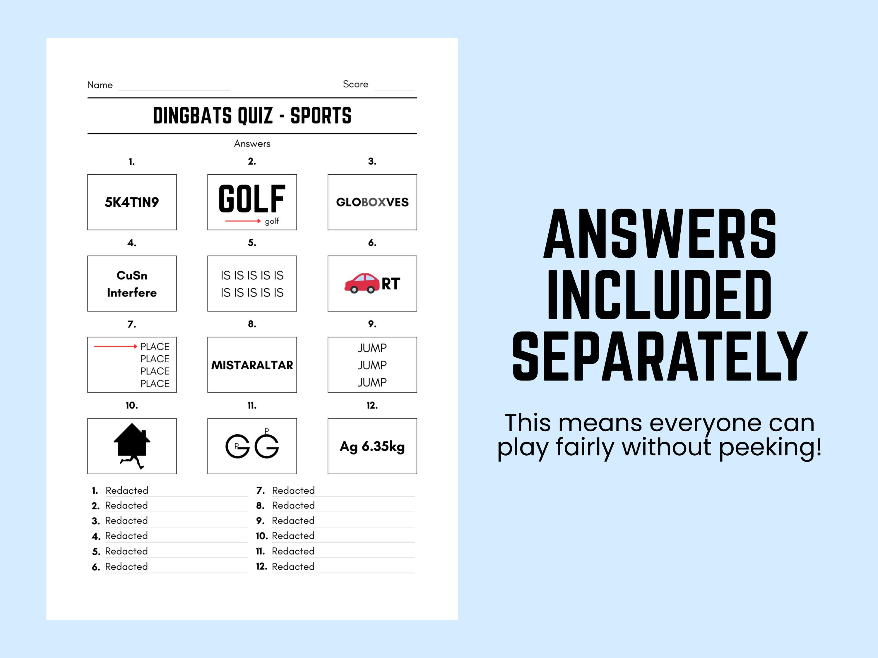 Printable Sports Dingbats Picture Quiz With Answers: Downloadable Rebus ...