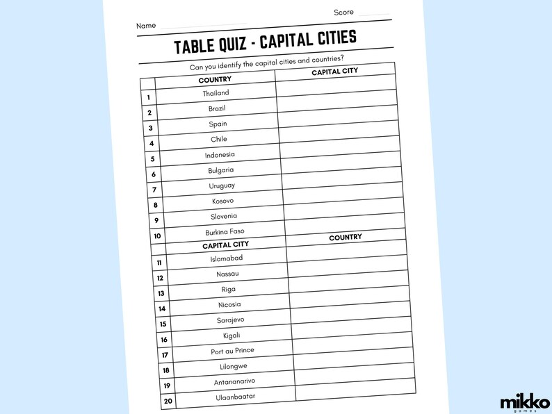 Printable Capital Cities Table Quiz With Answers: Downloadable Pub Quiz ...