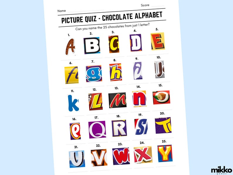 Printable Chocolate Alphabet Picture Quiz With Answers: Picture Round ...
