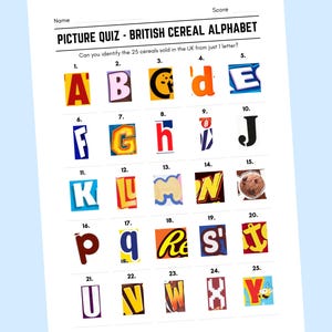 Printable British Cereal Alphabet Picture Quiz With Answers | Picture ...