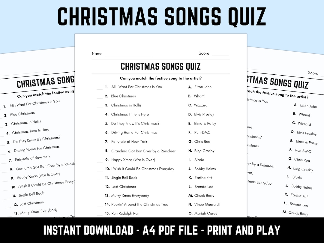 Printable Christmas Songs Match up Quiz With Answers - Etsy