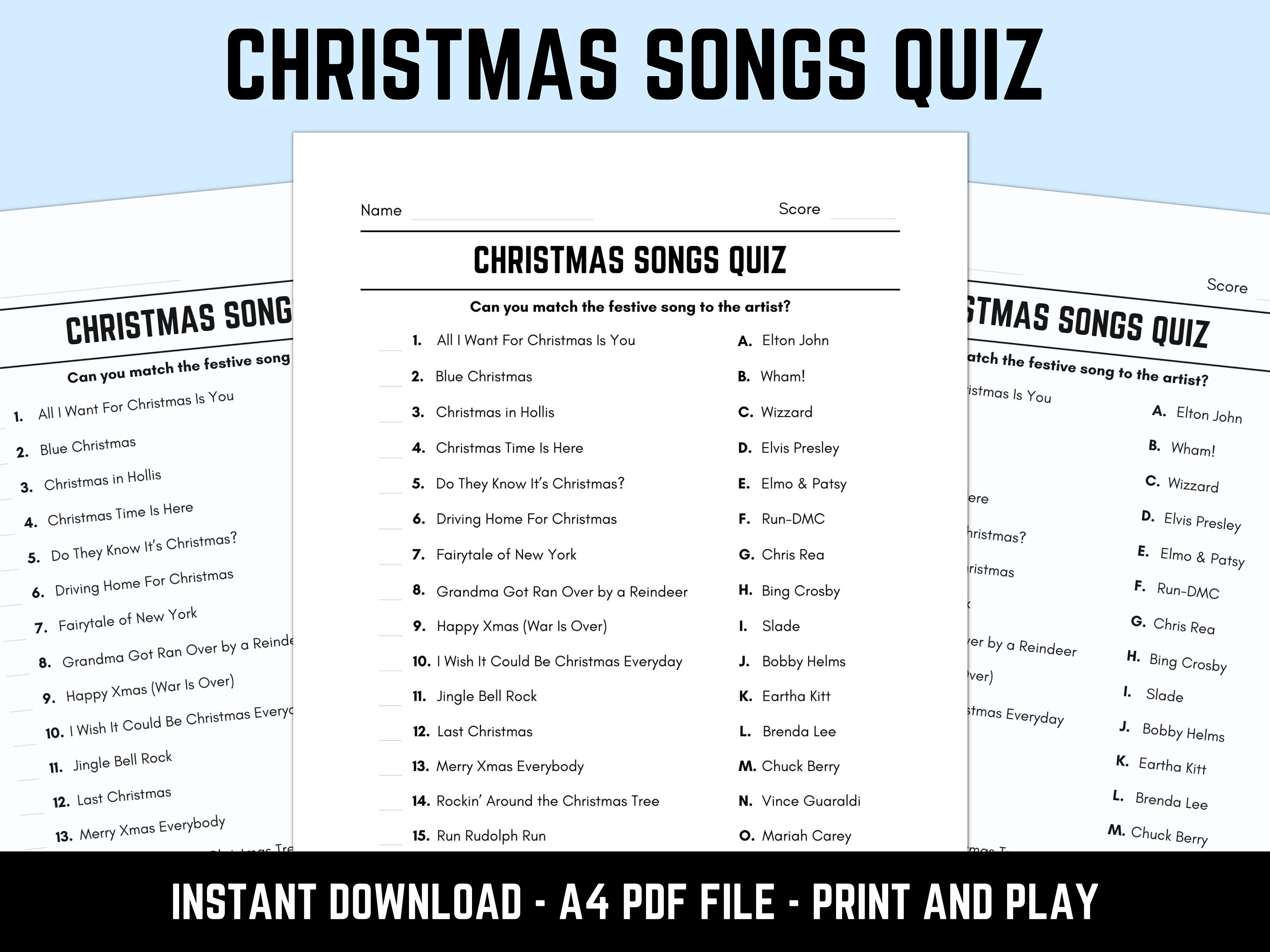 Printable Christmas Songs Match up Quiz With Answers - Etsy