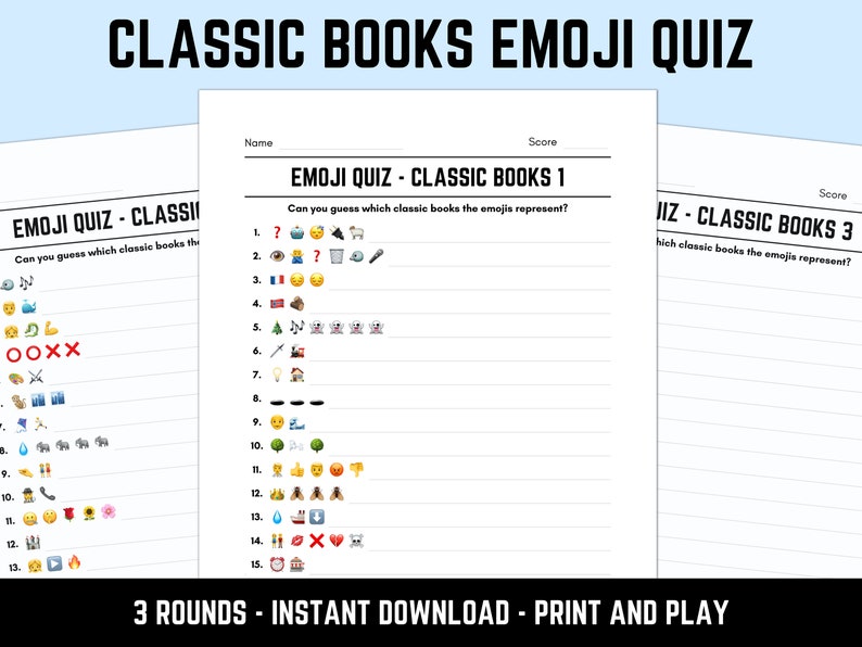 Printable Classic Books Emoji Quiz With Answers - Etsy