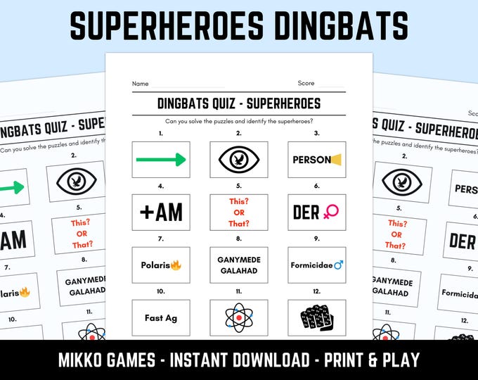 Printable Superhero Dingbats Picture Quiz With Answers: Downloadable ...