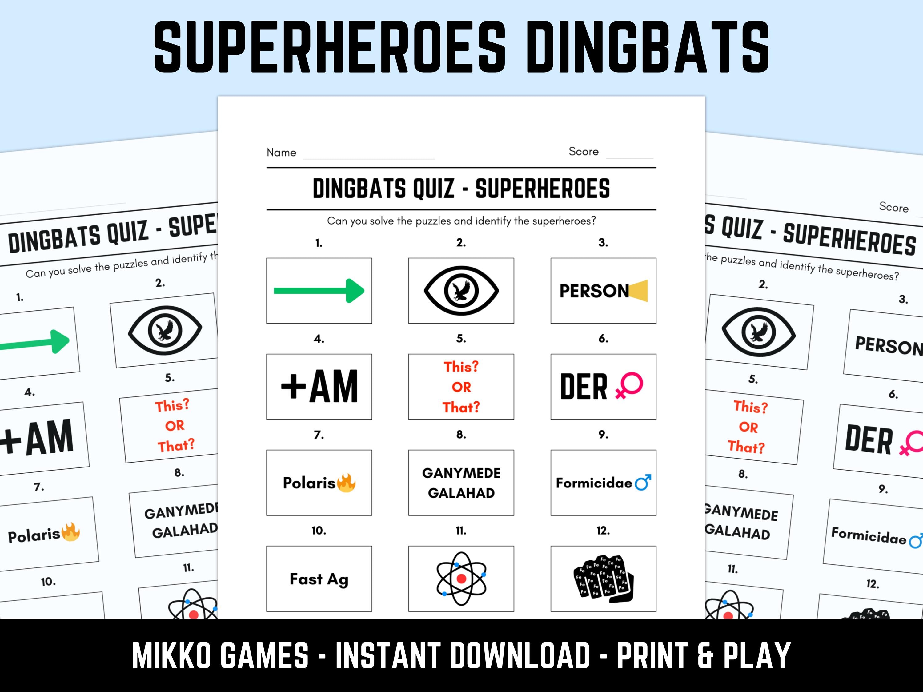 Printable Superhero Dingbats Picture Quiz With Answers: Downloadable ...