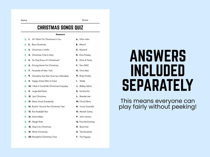 Printable Christmas Songs Match up Quiz: Downloadable Table Quiz, Pub ...