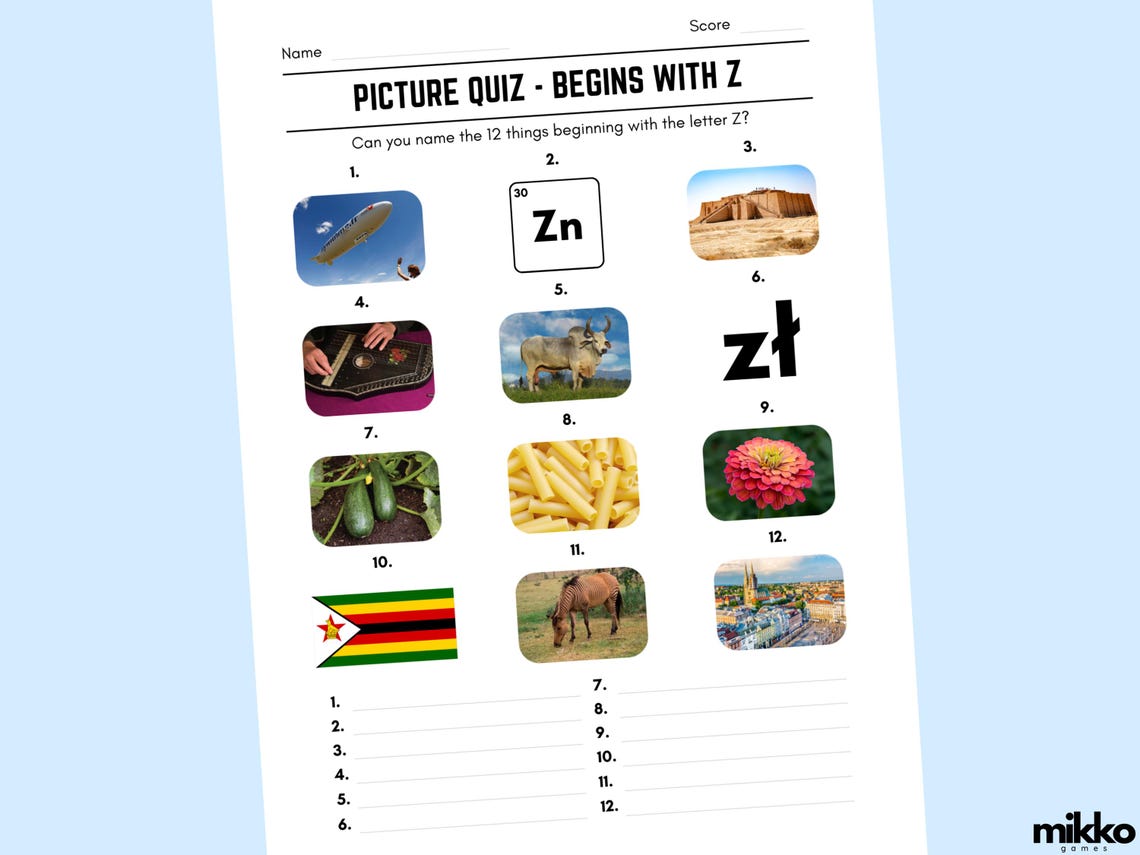 Printable Begins With Z Picture Quiz With Answers | Picture Round Quiz ...