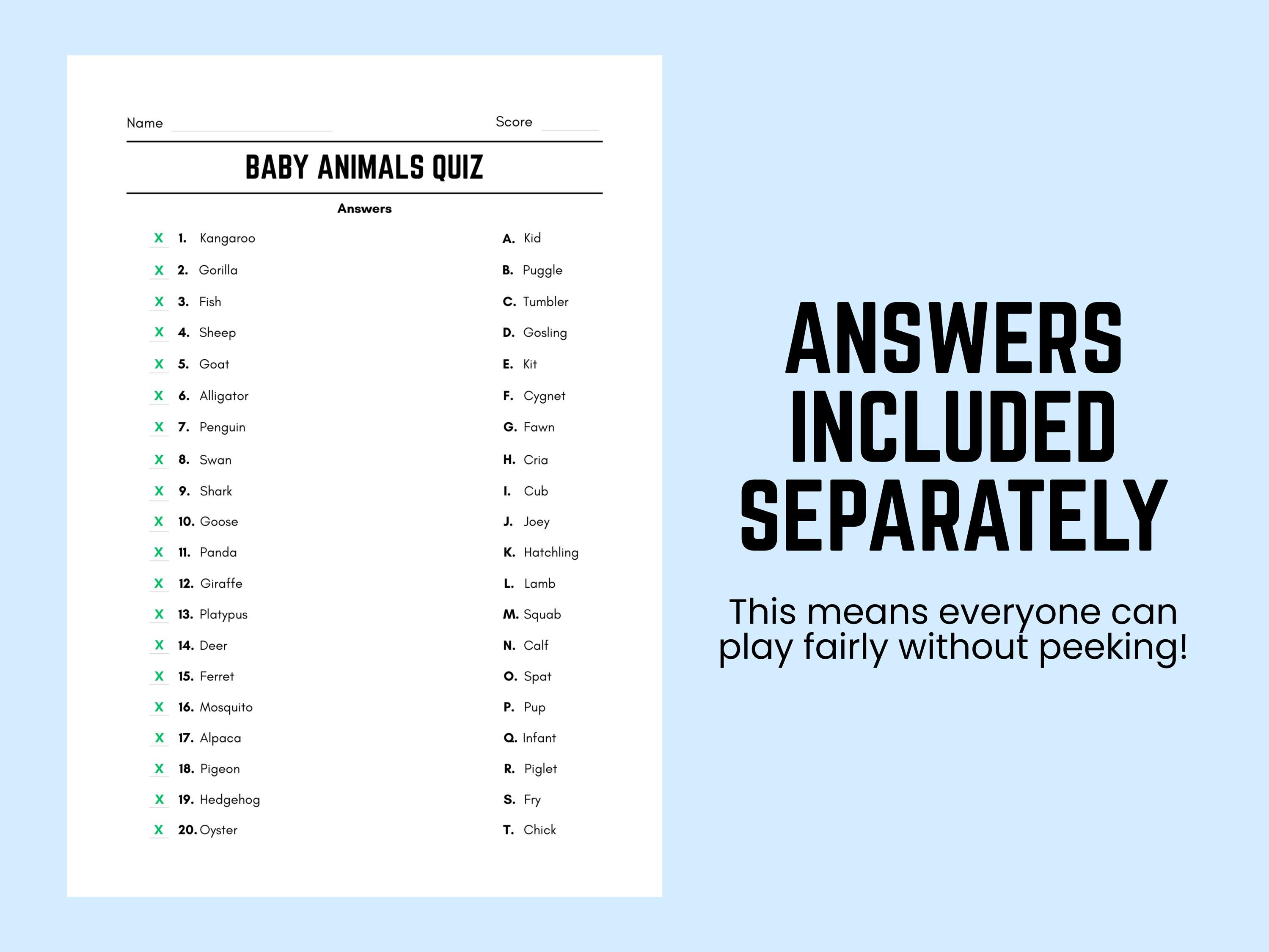 Printable Baby Animals Match up Quiz: Downloadable Table Quiz, Pub Quiz ...