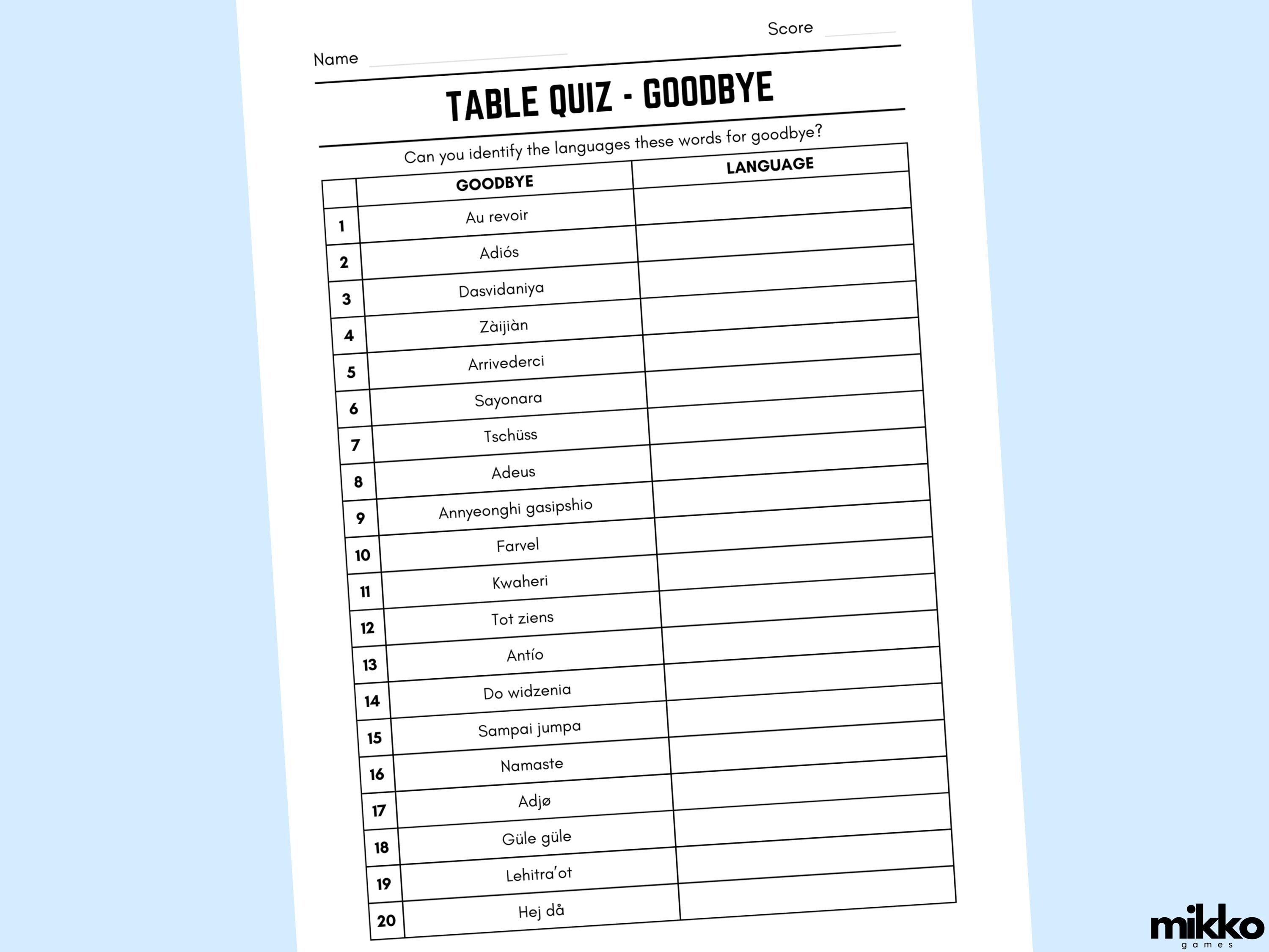 Printable Goodbye Table Quiz With Answers Downloadable Pub Quiz Sheets ...