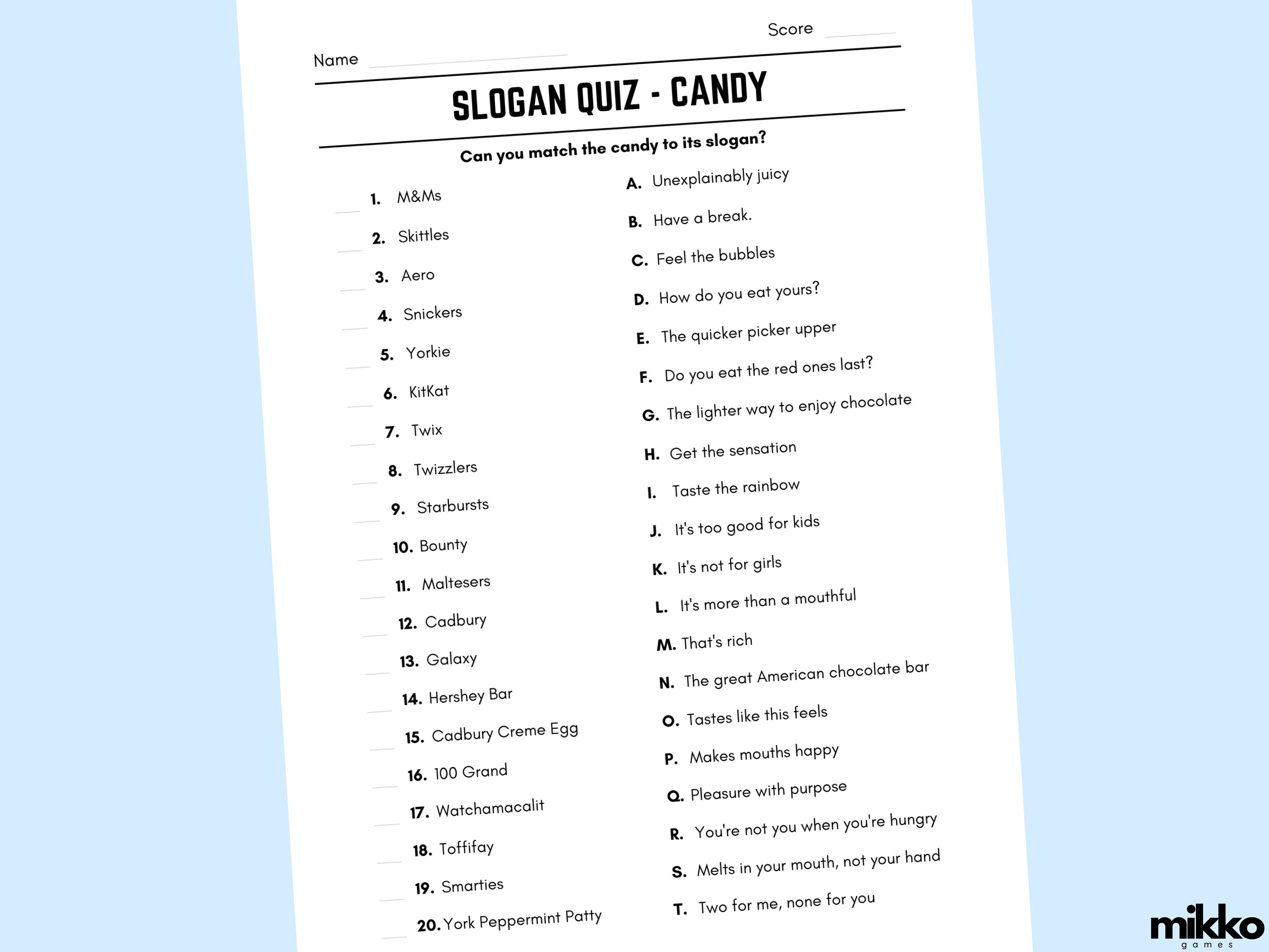 Printable Candy Slogan Match up Quiz With Answers - Etsy