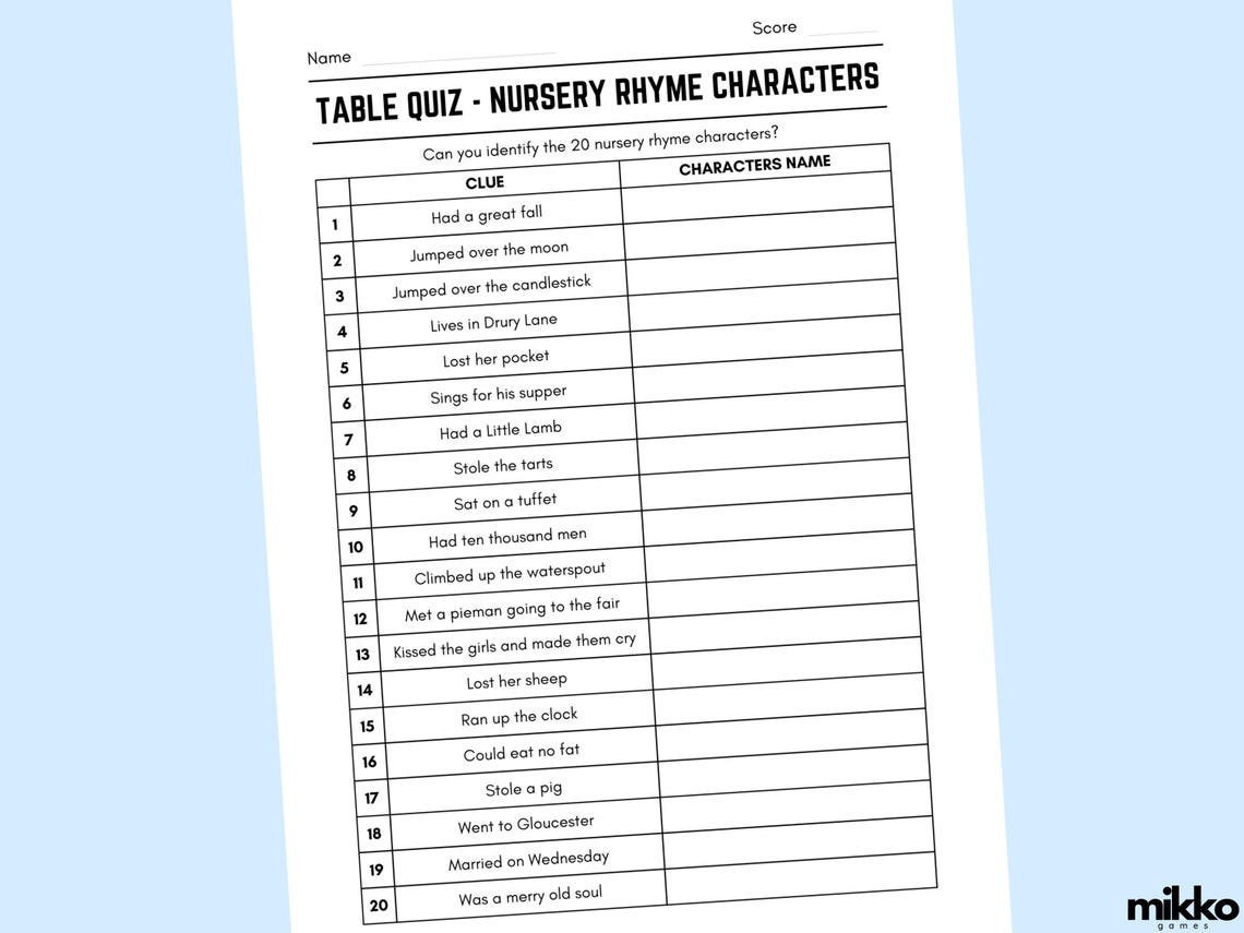 Printable Nursery Rhyme Characters Table Quiz With Answers ...