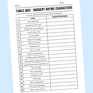 Printable Nursery Rhyme Characters Table Quiz With Answers ...