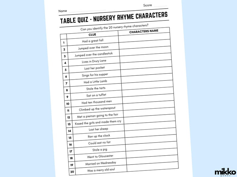 Printable Nursery Rhyme Characters Table Quiz With Answers ...