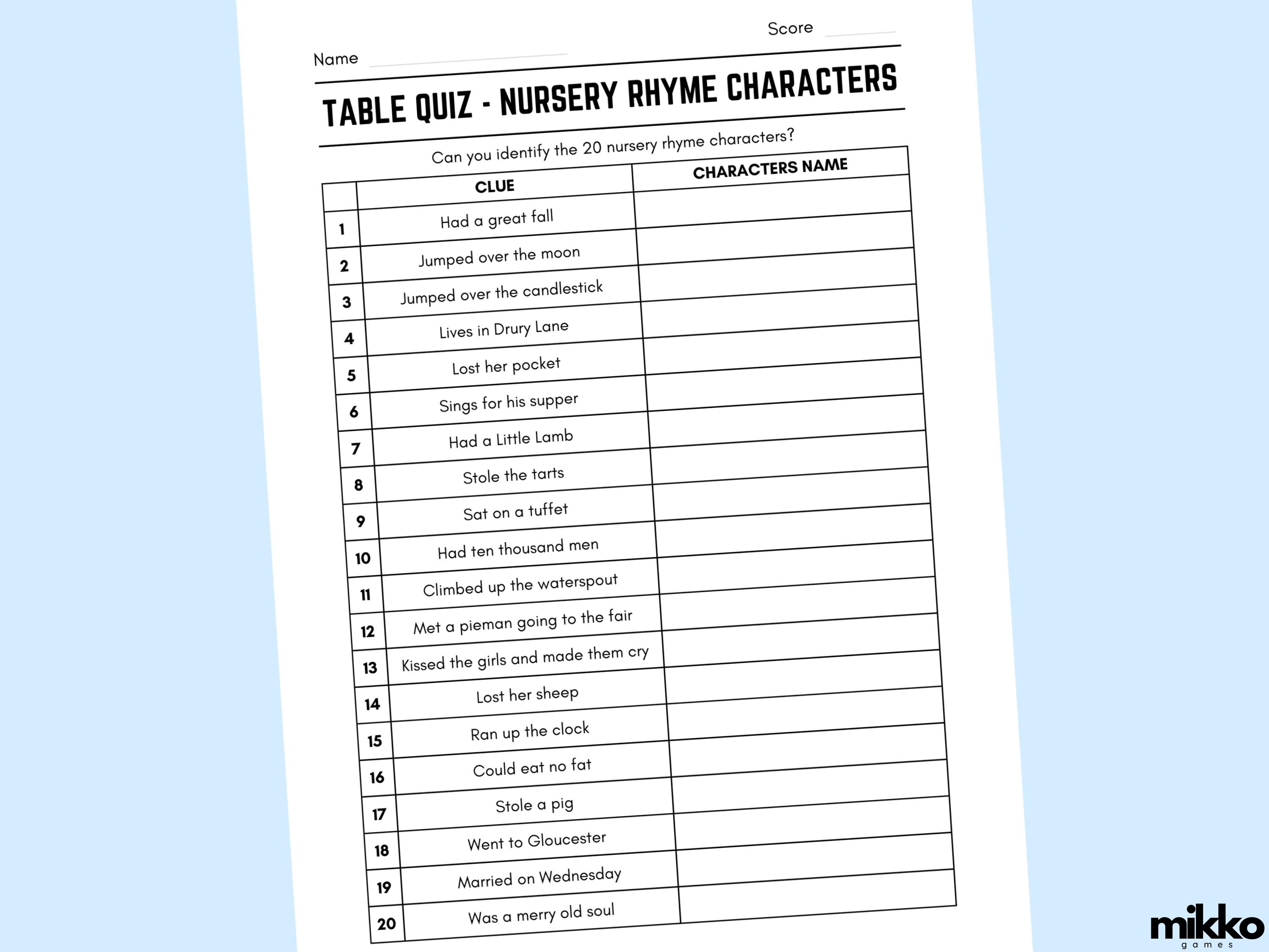 Printable Nursery Rhyme Characters Table Quiz With Answers ...