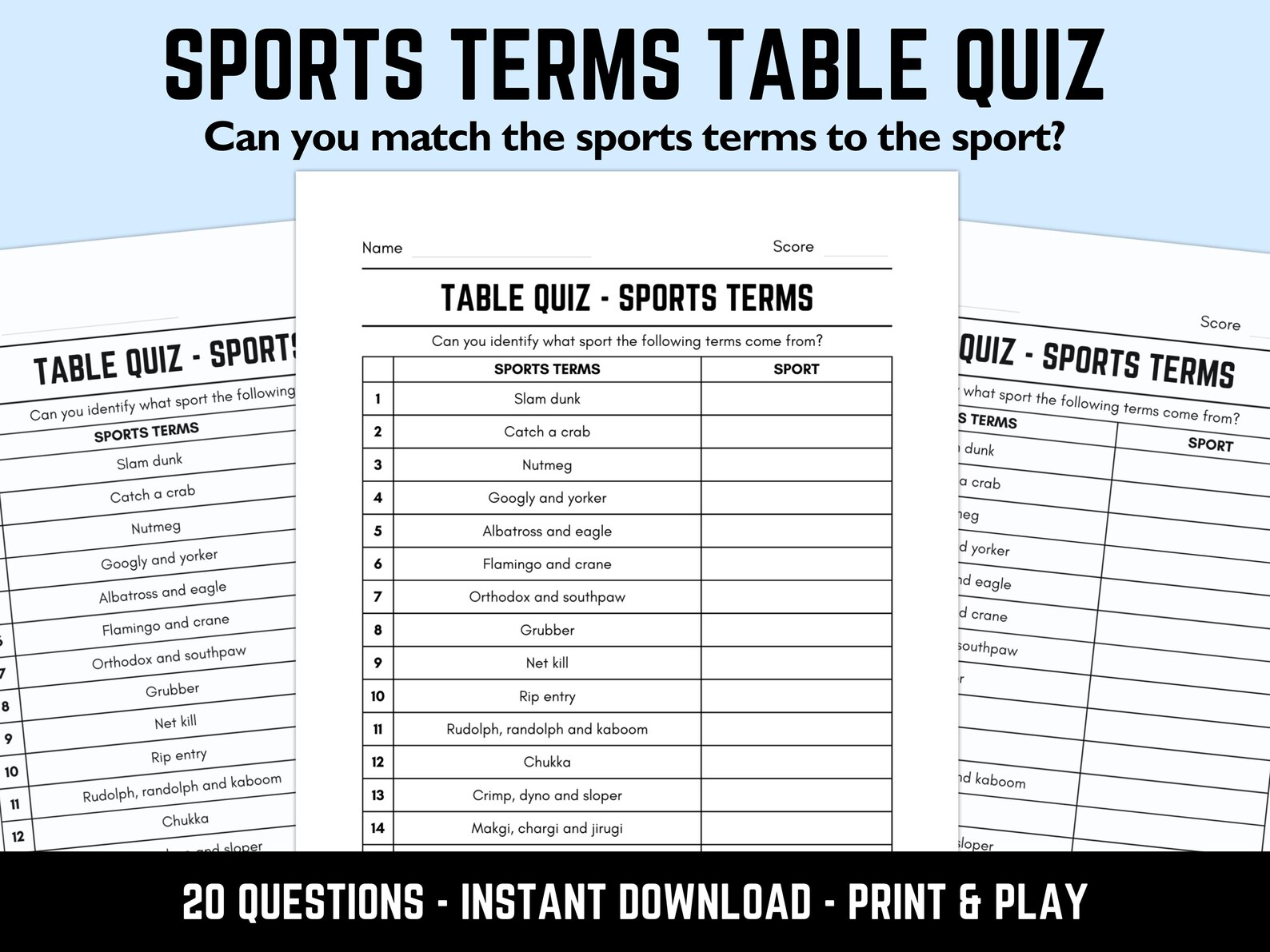 Printable Sports Terms Table Quiz With Answers: Downloadable Pub Quiz ...