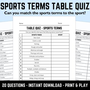Printable Sports Terms Table Quiz With Answers: Downloadable Pub Quiz ...