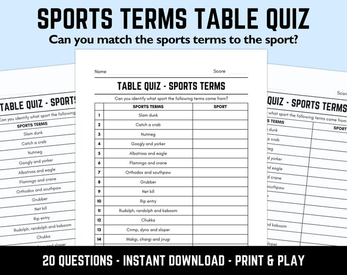 Printable Sports Terms Table Quiz With Answers: Downloadable Pub Quiz ...