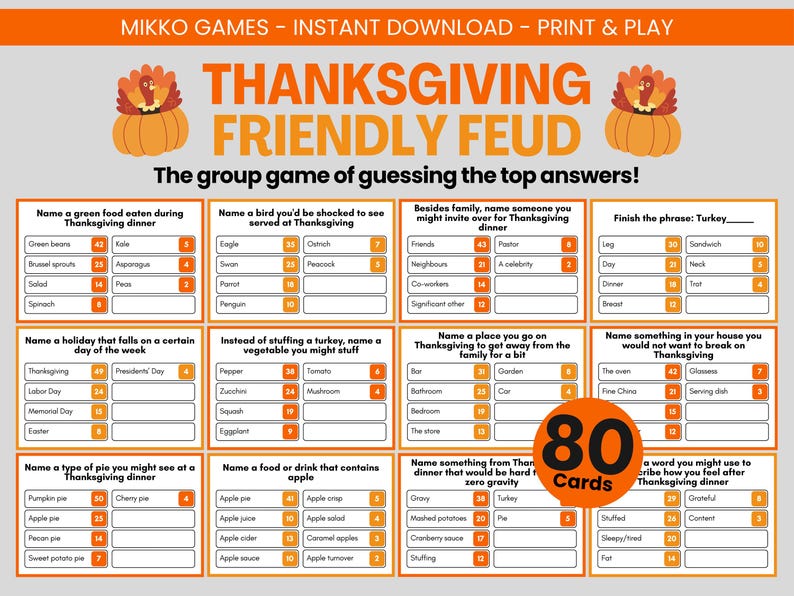 Thanksgiving Friendly Feud: Printable Large Group Party Game for Kids ...