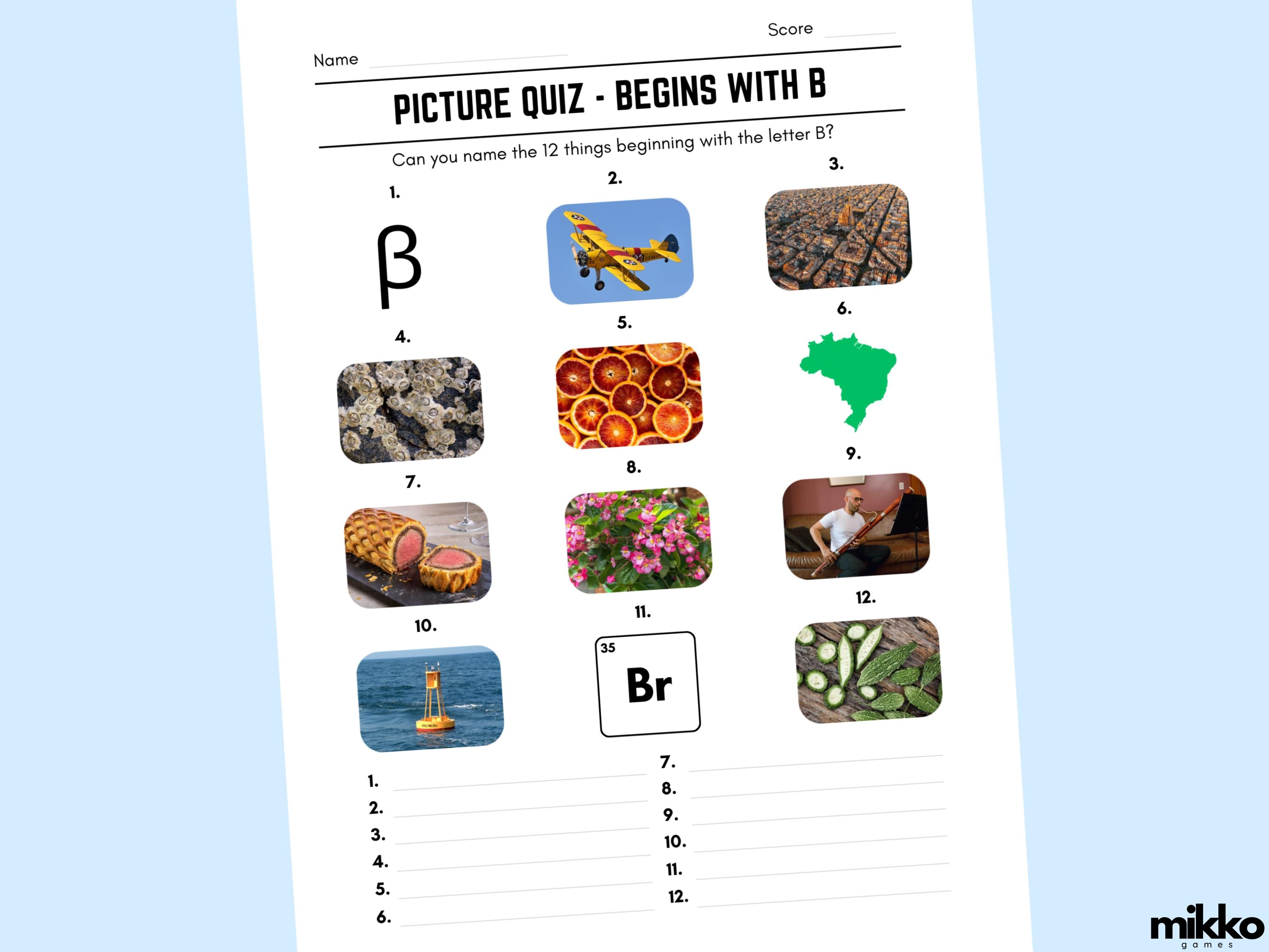 Printable Begins With B Picture Quiz With Answers | Picture Round Quiz ...