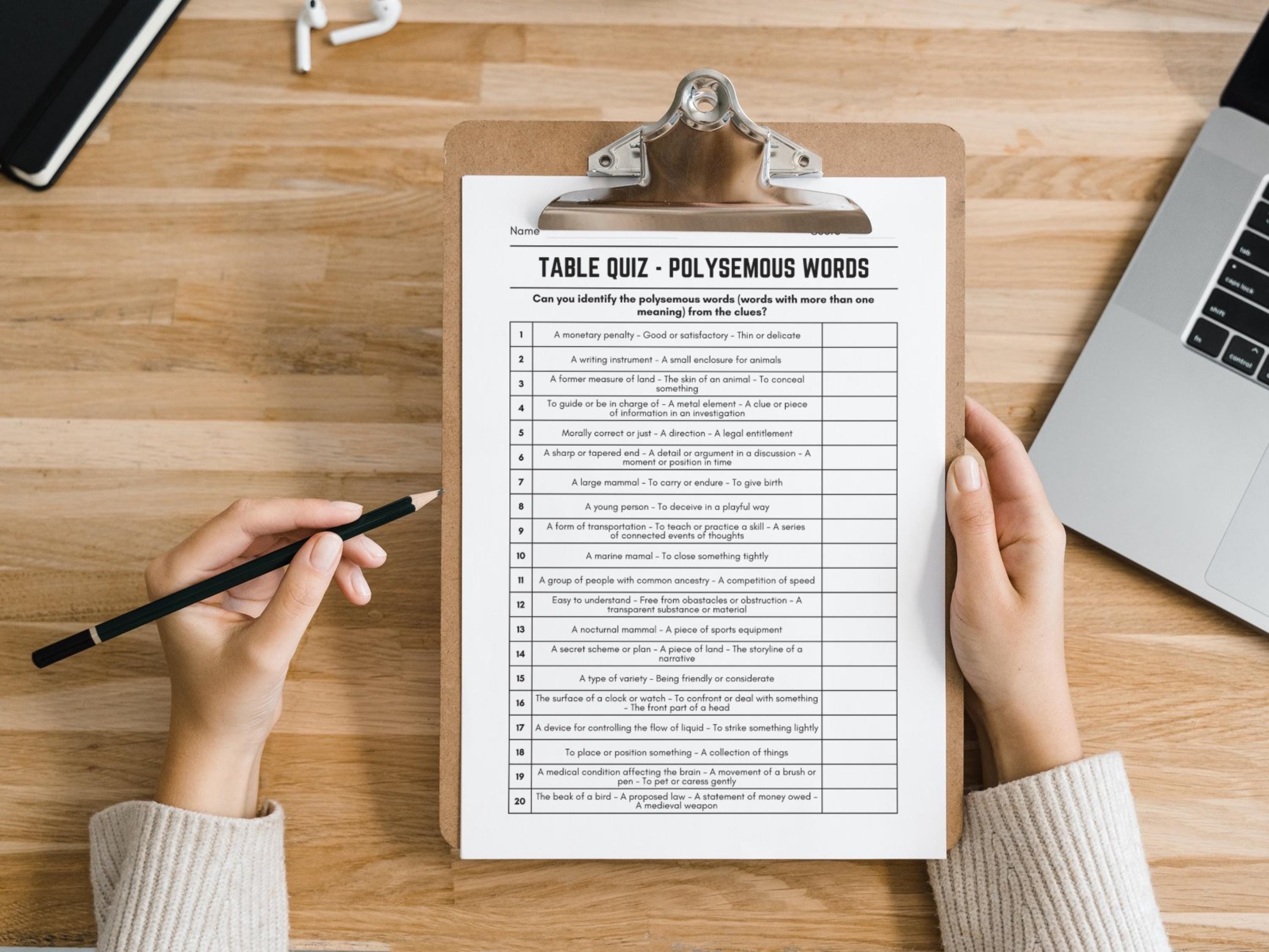 Printable Polysemous Words Table Quiz With Answers: Downloadable Pub ...