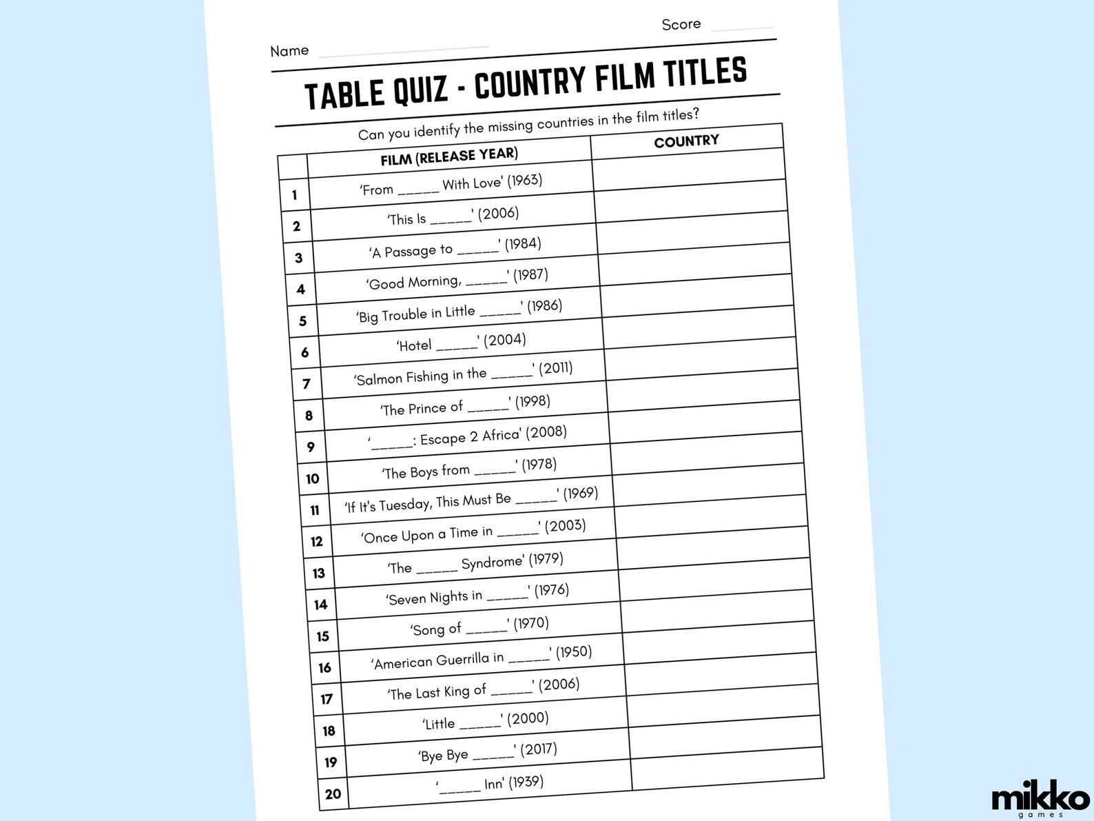 Printable Country Film Titles Table Quiz With Answers | Downloadable ...