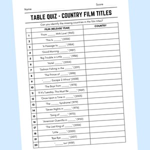 Printable Country Film Titles Table Quiz With Answers | Downloadable ...