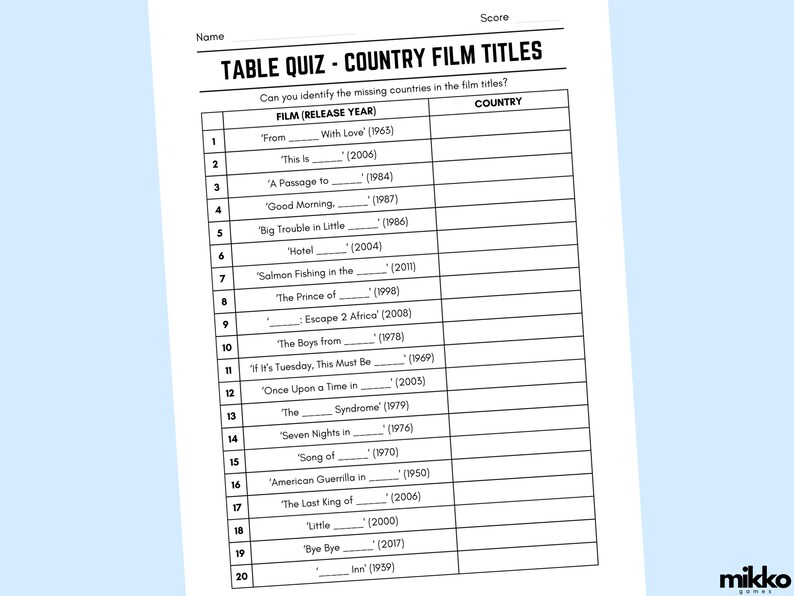 Printable Country Film Titles Table Quiz With Answers | Downloadable ...