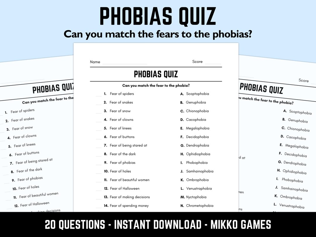 Printable Phobias Match up Quiz: Downloadable Table Quiz, Pub Quiz ...