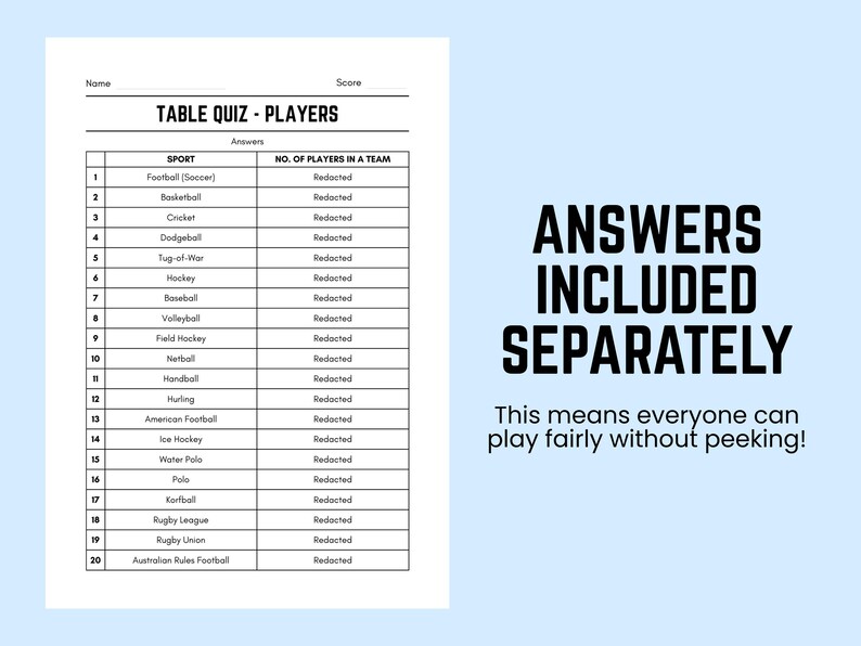 Printable Players Table Quiz With Answers: Downloadable Pub Quiz Sheets ...