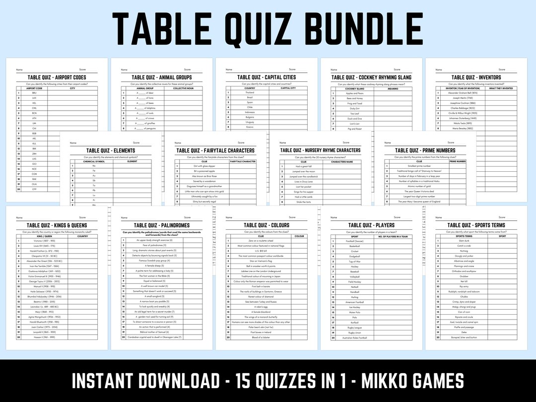 Table Quiz Bundle: 15 Printable Quizzes in 1, Table Round Quiz Sheets ...