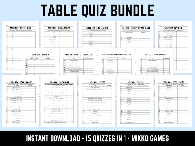 Table Quiz Bundle: 15 Printable Quizzes in 1, Table Round Quiz Sheets ...