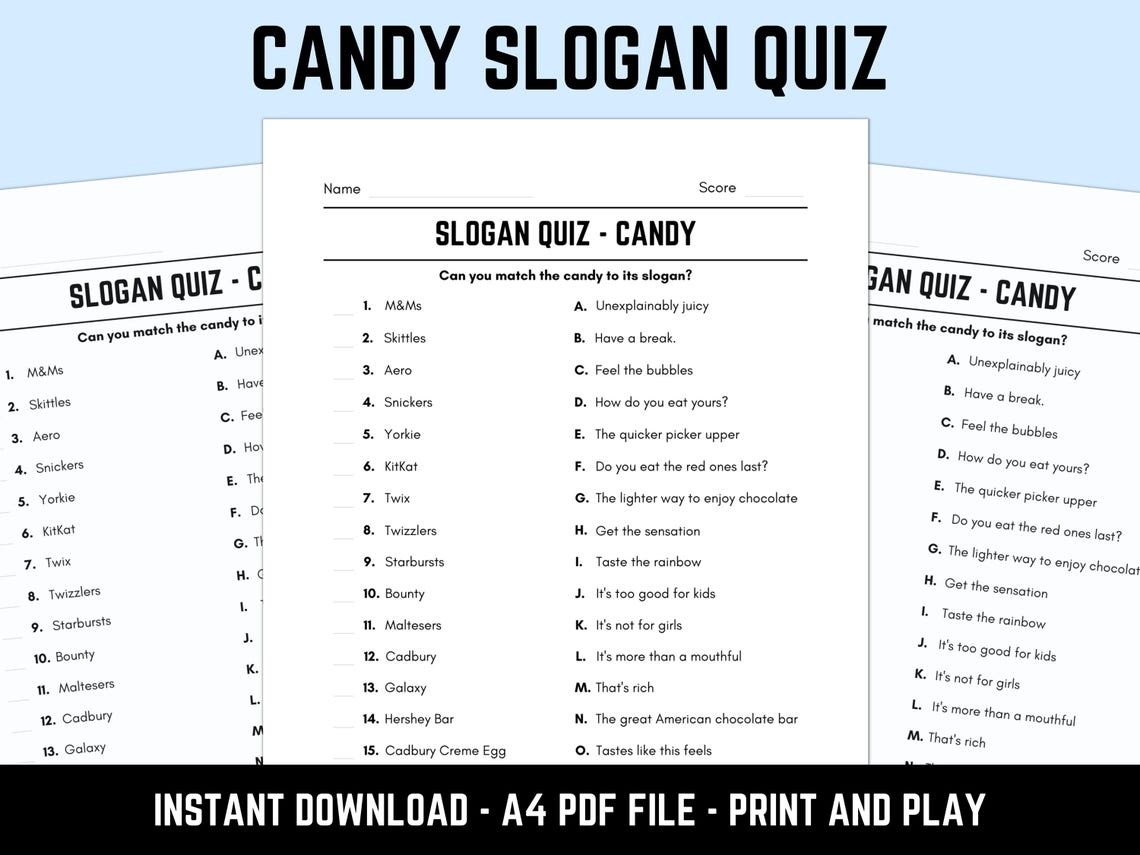 Printable Candy Slogan Match up Quiz: Downloadable Pub Quiz Trivia ...