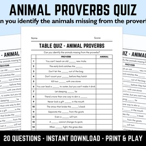 Printable Animal Proverbs Table Quiz With Answers | Downloadable Pub ...