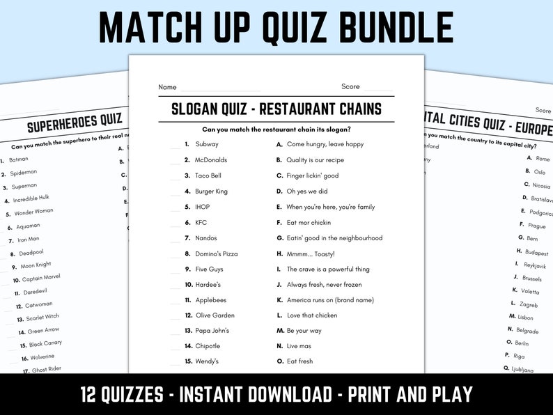Printable Match up Quiz Bundle 12 Match up Quizzes With Answers - Etsy