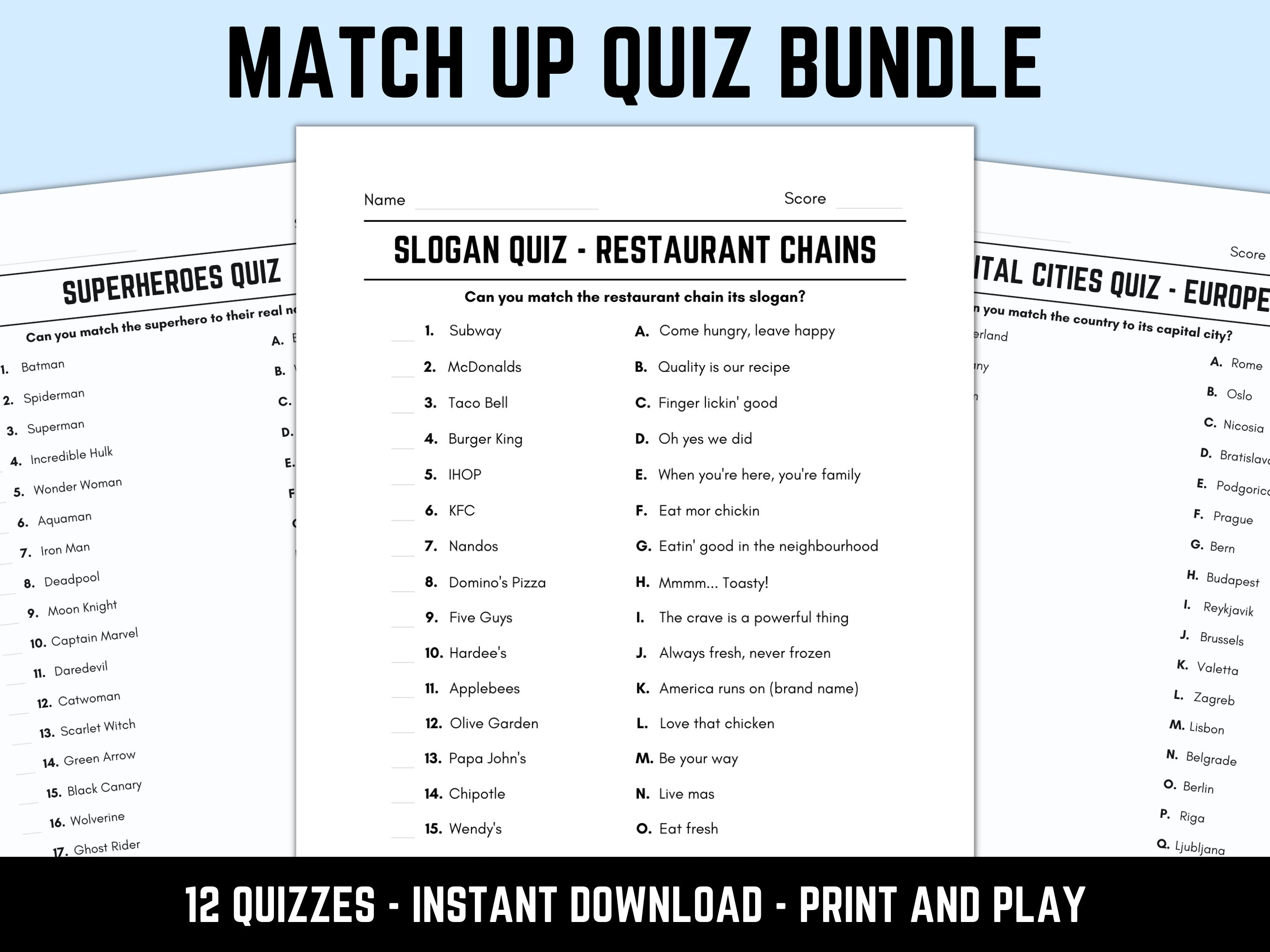 Printable Match up Quiz Bundle 12 Match up Quizzes With Answers - Etsy