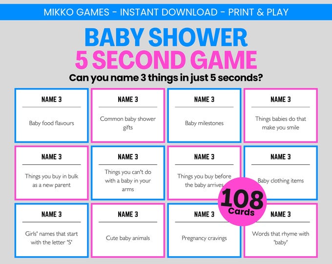 Baby Shower 5 Second Game: Printable Large Group Party Game for Kids ...