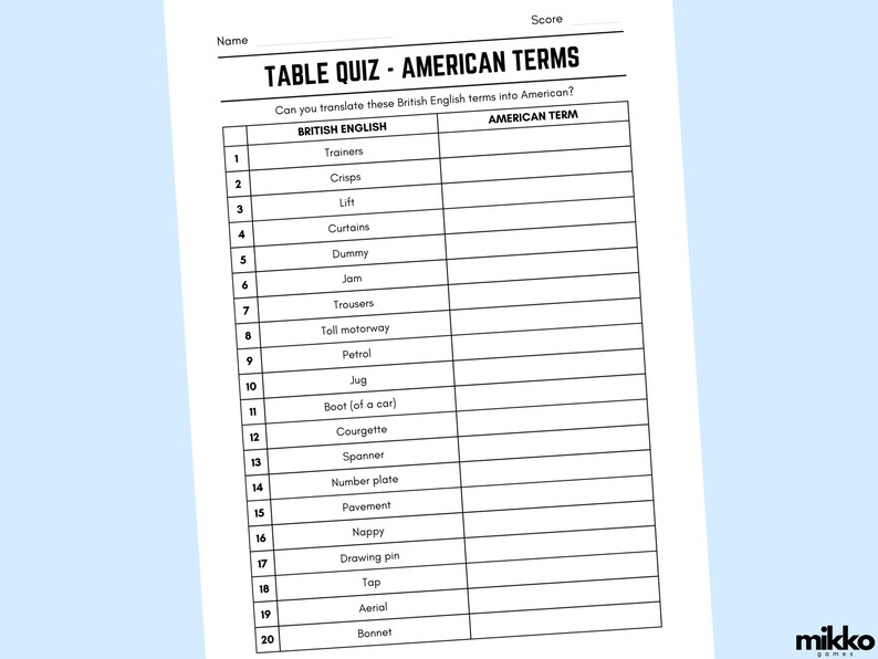 Printable American Terms Table Quiz With Answers: Downloadable Pub Quiz ...
