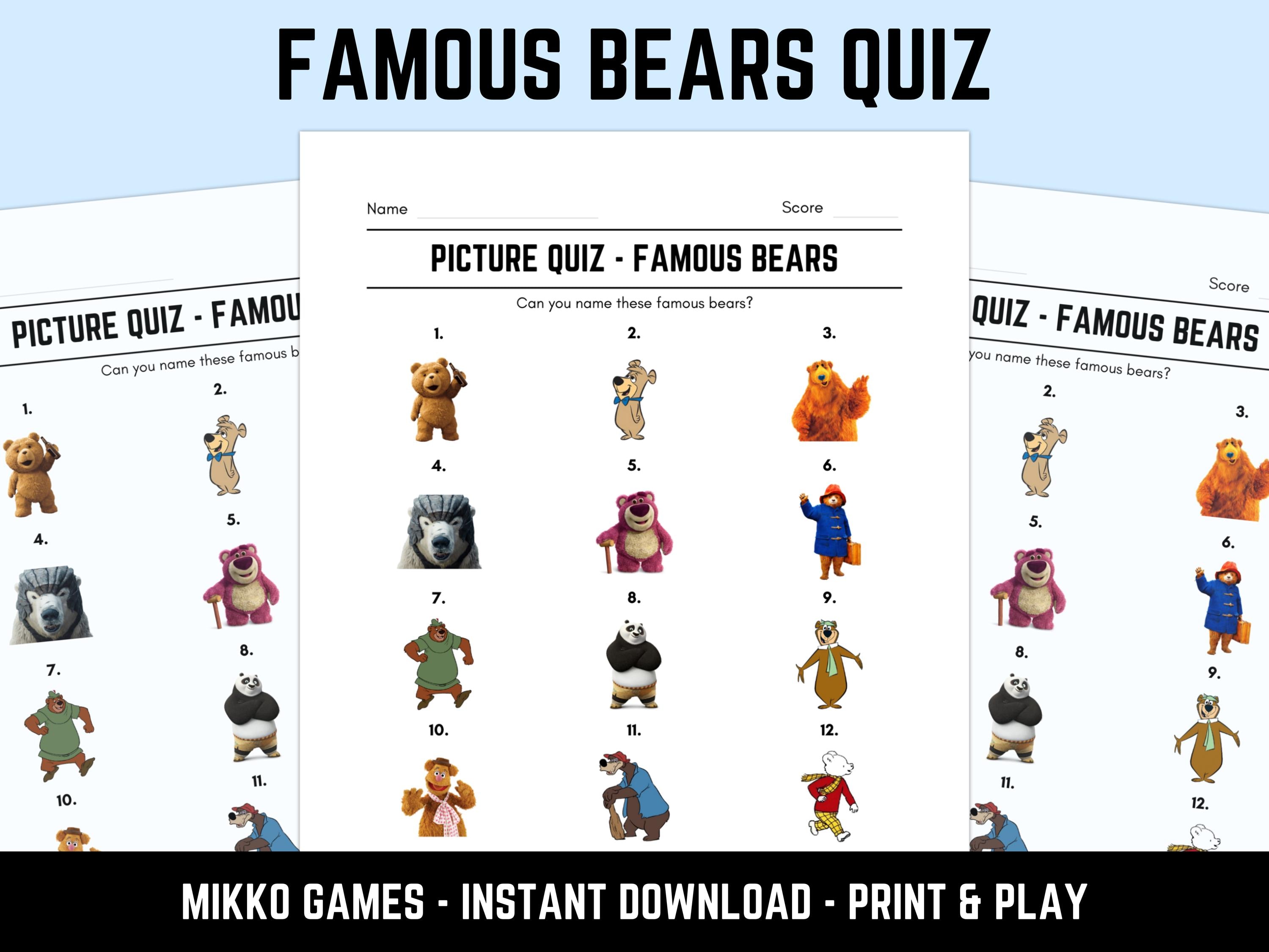 Printable Famous Bears Picture Quiz With Answers: Picture Round Quiz ...