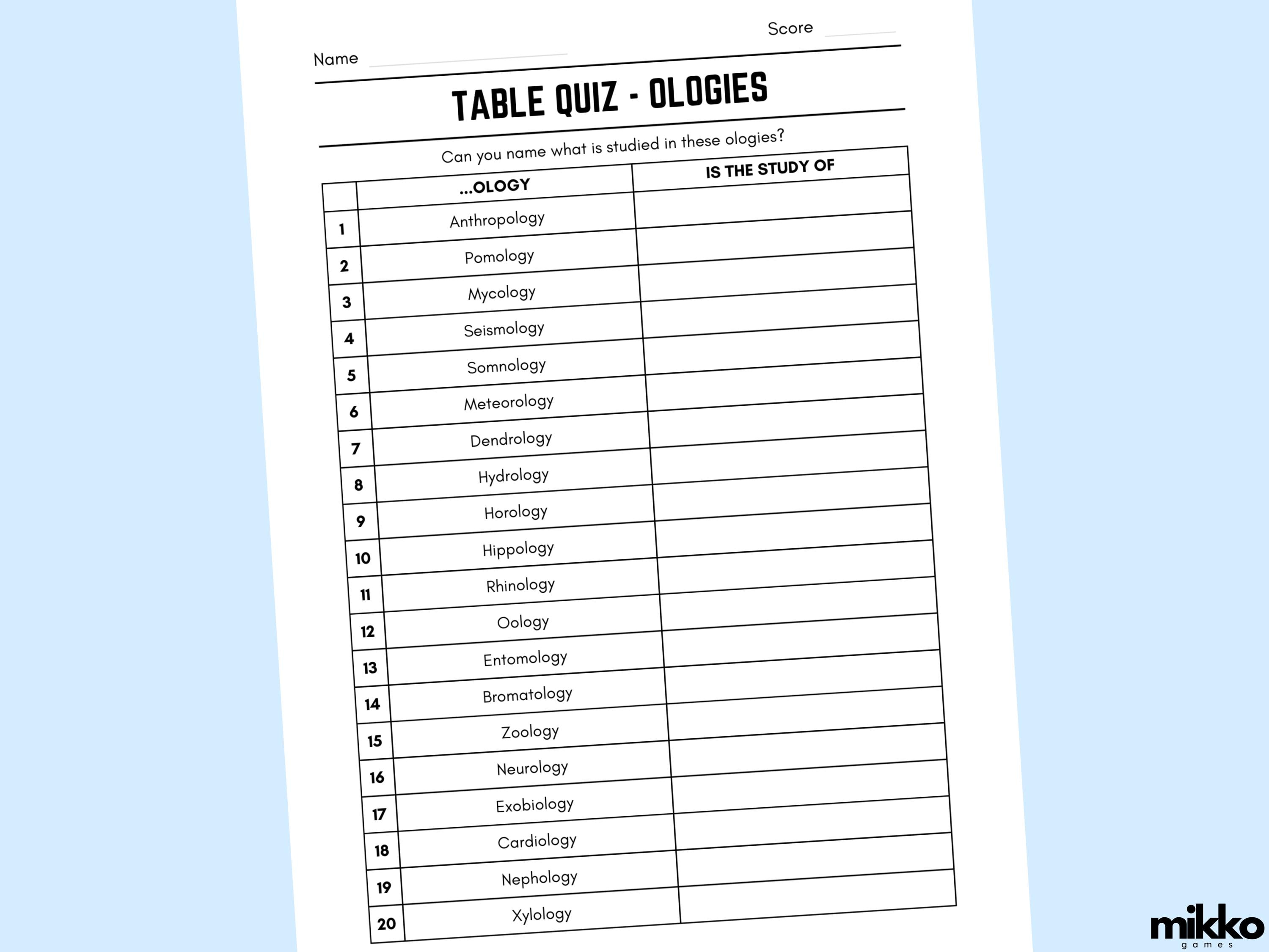 Printable Ologies Table Quiz With Answers Downloadable Pub Quiz Sheets ...