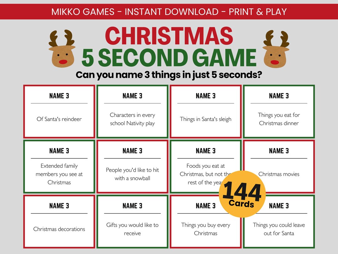 Christmas 5 Second Game: Printable Large Group Party Game for Kids ...