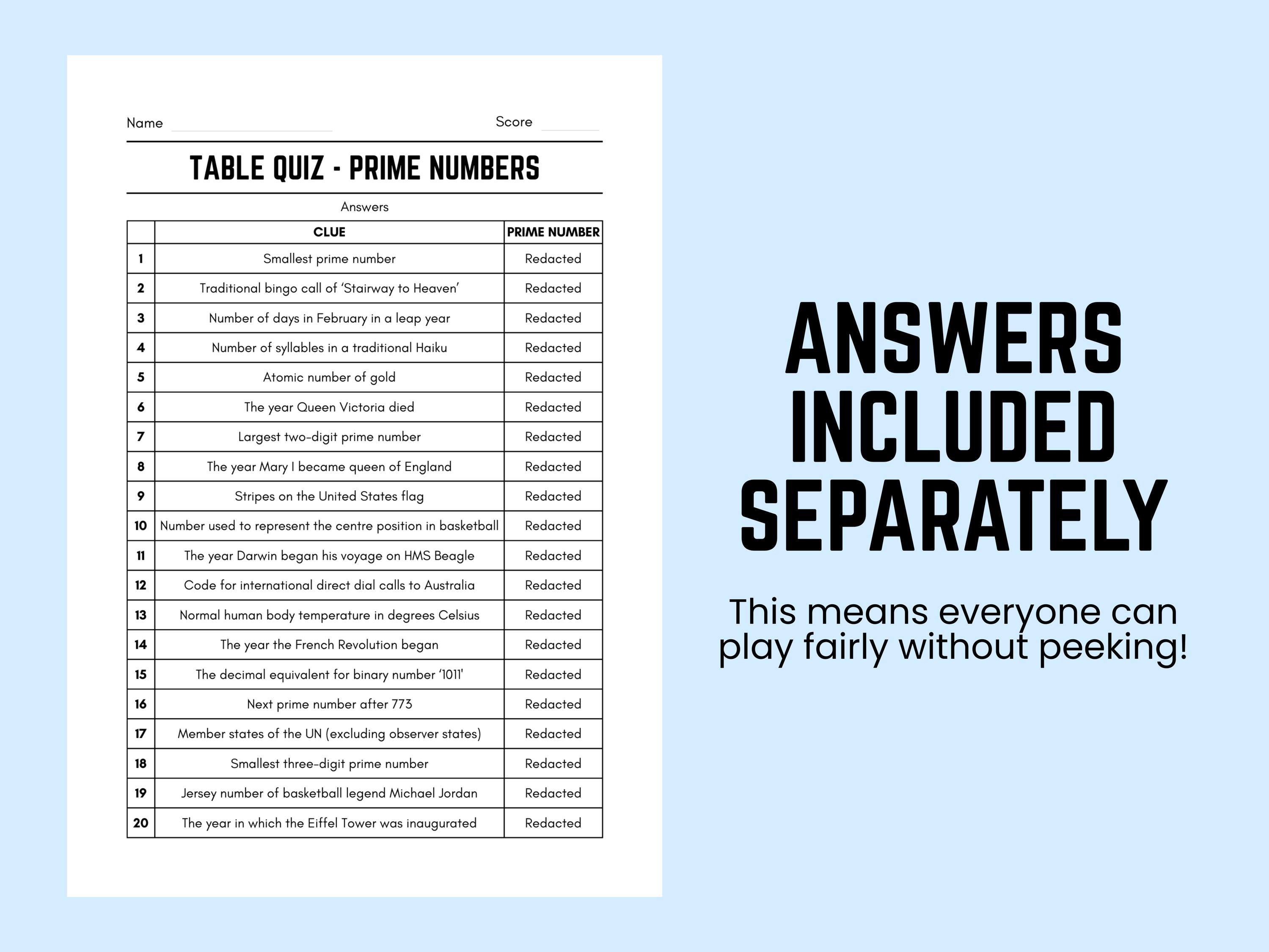 Printable Prime Numbers Table Quiz With Answers: Downloadable Pub Quiz ...