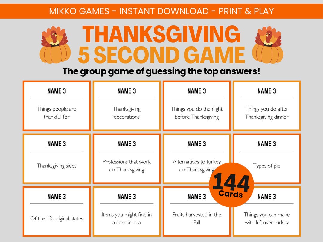 Thanksgiving 5 Second Game - Printable Party Game | Downloadable ...