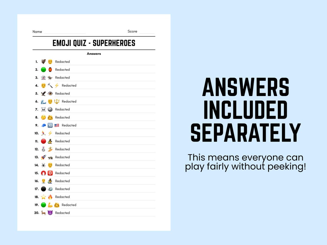 Printable Superheroes Emoji Quiz With Answers: Emoji Pictionary Sheets ...