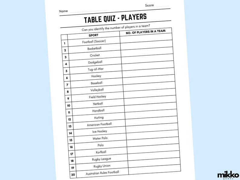 Printable Players Table Quiz With Answers: Downloadable Pub Quiz Sheets ...